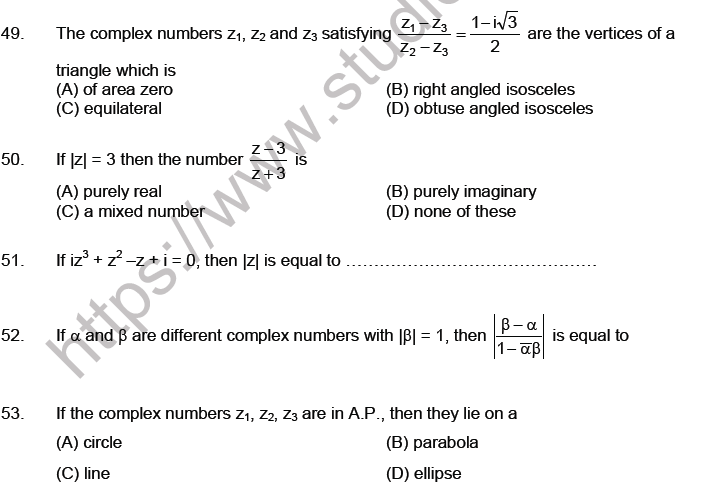 JEE Mathematics Complex Numbers MCQs Set C with Answers